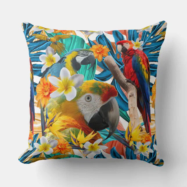 Tropical Collage Parrot Macaw Colorful Botanical Throw Pillow | Zazzle