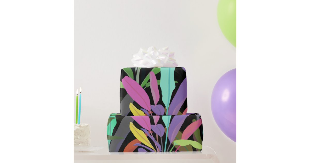 Tropical Colorful Banana Leaves Black Pattern Wrapping Paper | Zazzle