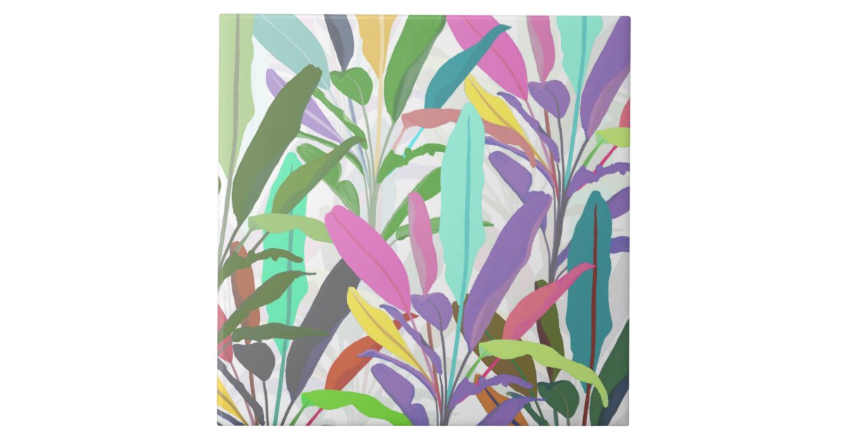 Tropical colorful banana leaves white Pattern Ceramic Tile | Zazzle