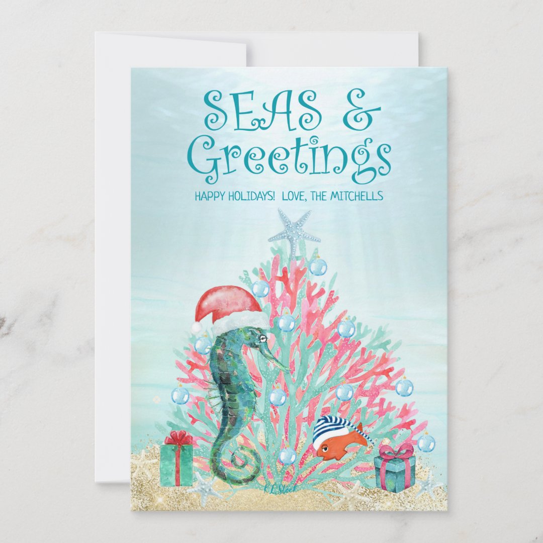 Tropical Coral Christmas Tree Seas and Greetings Holiday Card | Zazzle