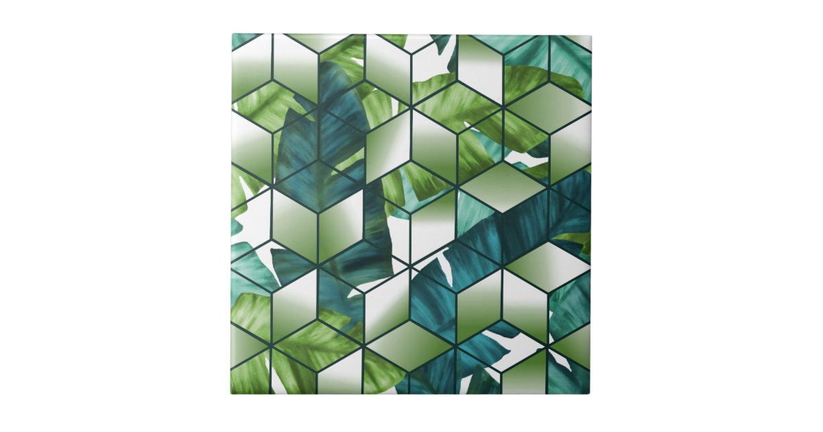 Tropical Cubic Effect Banana Leaves Design Tile | Zazzle