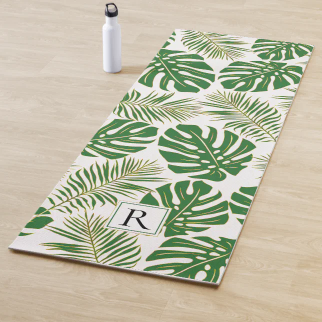 Tropical dark green, gold leaves and monogram yoga mat | Zazzle