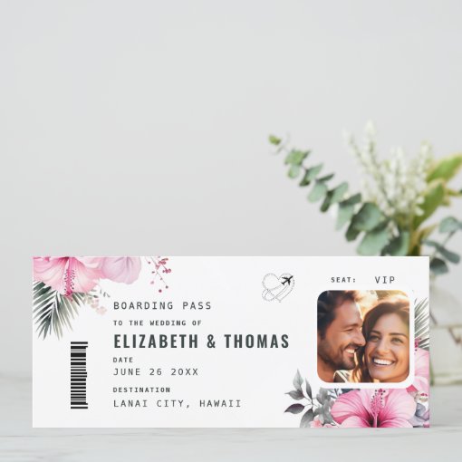 Tropical Destination Boarding Pass Floral Wedding Invitation | Zazzle