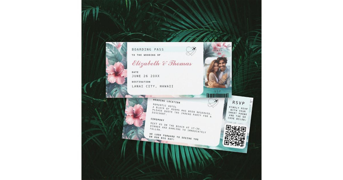 Tropical Destination Boarding Pass Photo Wedding Invitation | Zazzle
