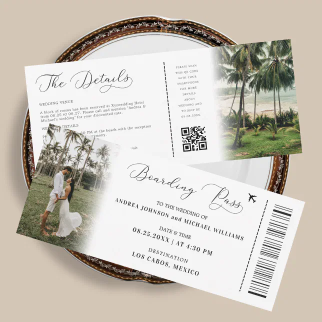 Tropical Destination QR Code Boarding Pass Wedding Invitation | Zazzle