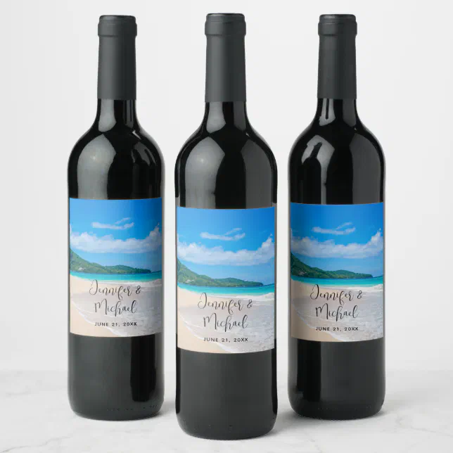 Tropical Destination Scenic Beach Photo Wedding Wine Label | Zazzle