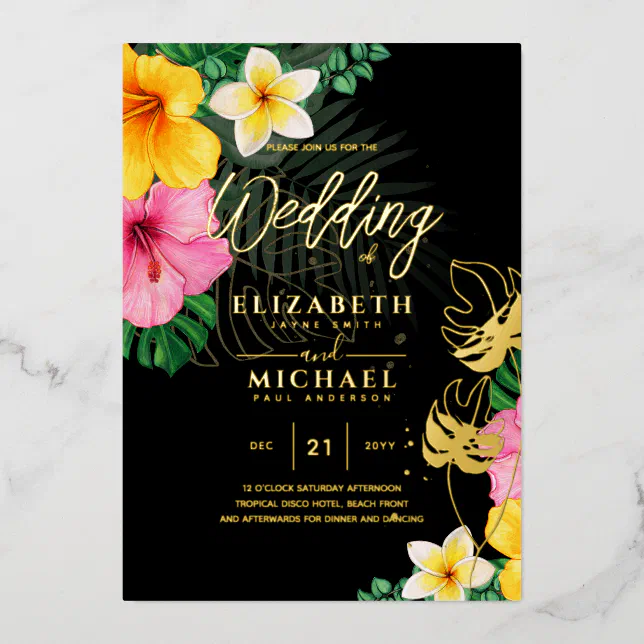 Tropical Disco Wedding Invitation Gold Black Foil Invitation | Zazzle