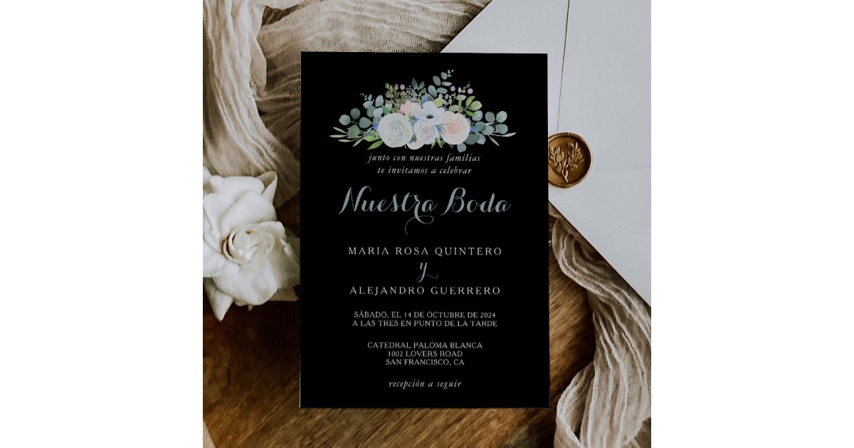 Tropical Eucalyptus Greenery Black Spanish Wedding Invitation | Zazzle
