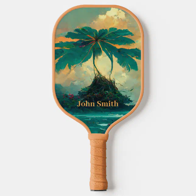 Tropical Fantasy Sea & Palm Trees Monogram Pickleball Paddle | Zazzle