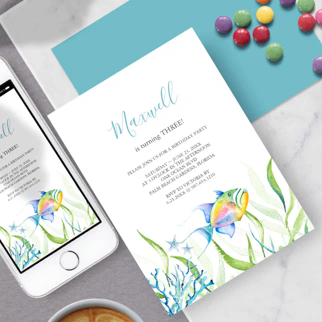 Tropical Fish 3rd Birthday Party Watercolor Invitation | Zazzle