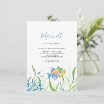 Tropical Fish 3rd Birthday Party Watercolor Invitation | Zazzle