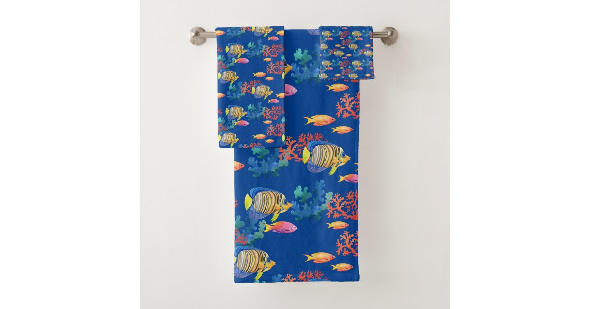 Tropical Fish & Coral on Blue Bath Towel Set | Zazzle