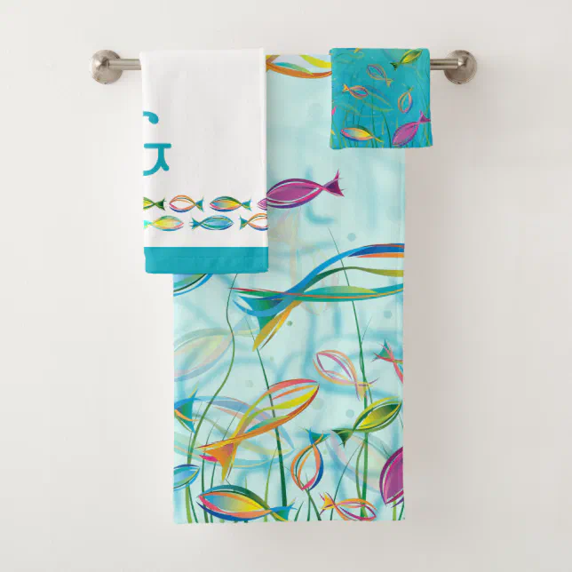Tropical Fish Underwater Teal Illustration Bath Towel Set | Zazzle