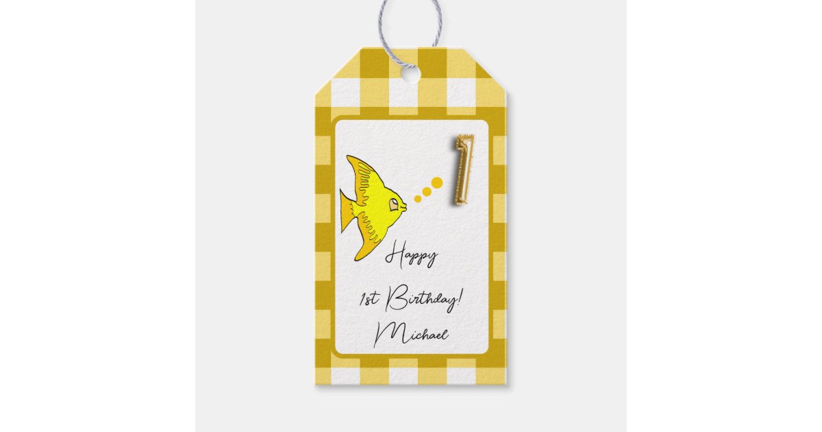 Tropical Fish Yellow Gingham Happy 1st Birthday Gift Tags | Zazzle