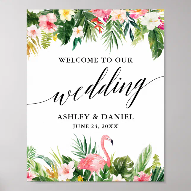 Tropical Flamingo Calligraphy Wedding Welcome Poster | Zazzle