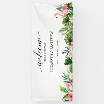 Tropical Flamingo Leaves Script Wedding Welcome Banner | Zazzle
