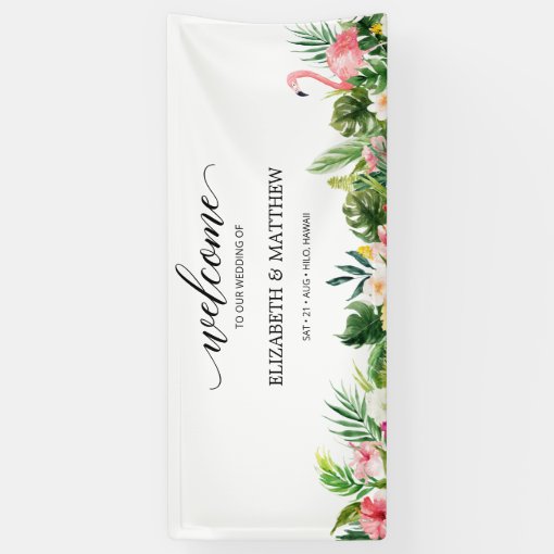 Tropical Flamingo Leaves Script Wedding Welcome Banner | Zazzle