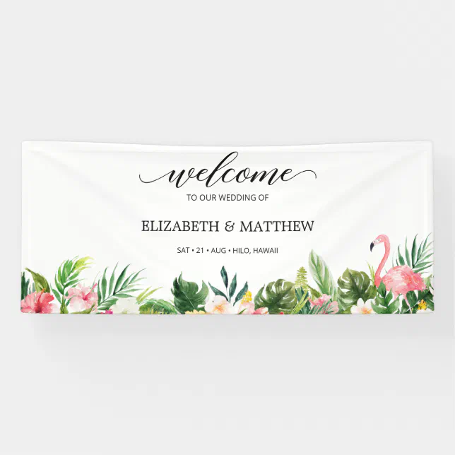 Tropical Flamingo Leaves Script Wedding Welcome Banner | Zazzle