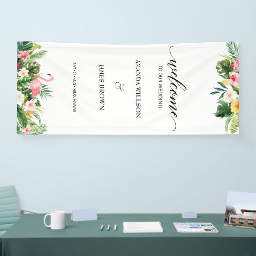 Tropical Flamingo & Leaves Script Wedding Welcome Banner | Zazzle