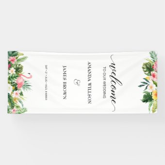 Tropical Flamingo & Leaves Script Wedding Welcome Banner | Zazzle