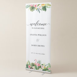 Tropical Flamingo & Leaves Script Wedding Welcome Retractable Banner ...