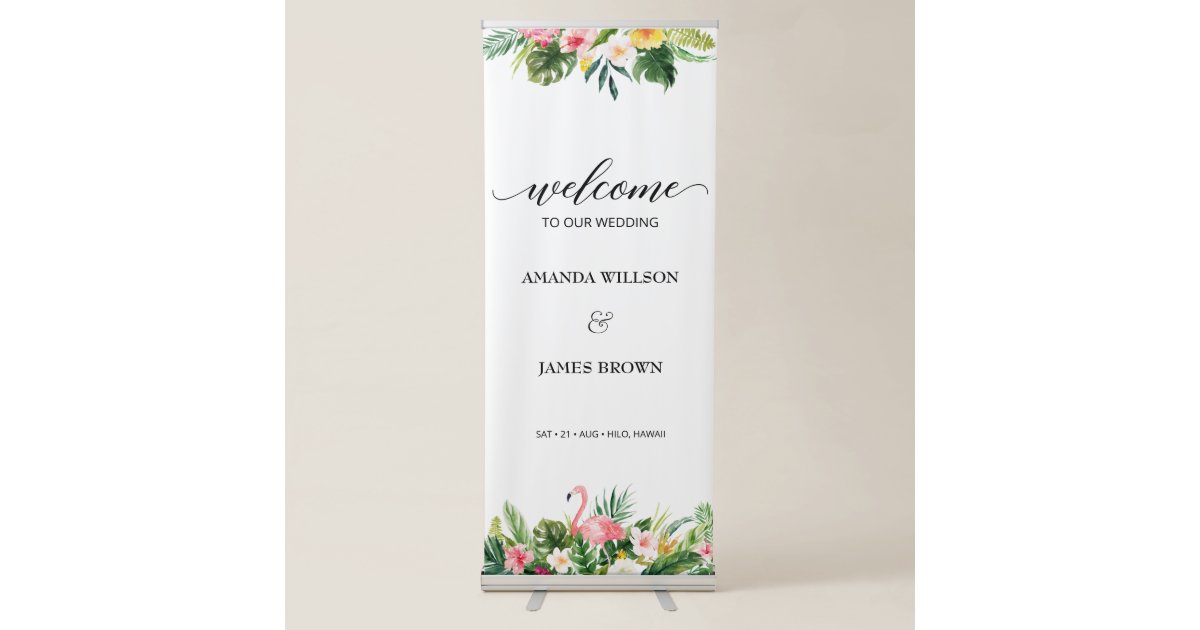 Tropical Flamingo & Leaves Script Wedding Welcome Retractable Banner ...
