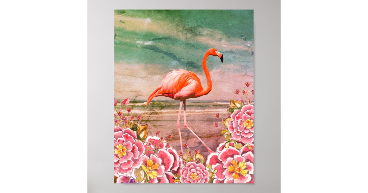 Tropical Flamingo on Beach & Oriental Pink Flowers Poster | Zazzle