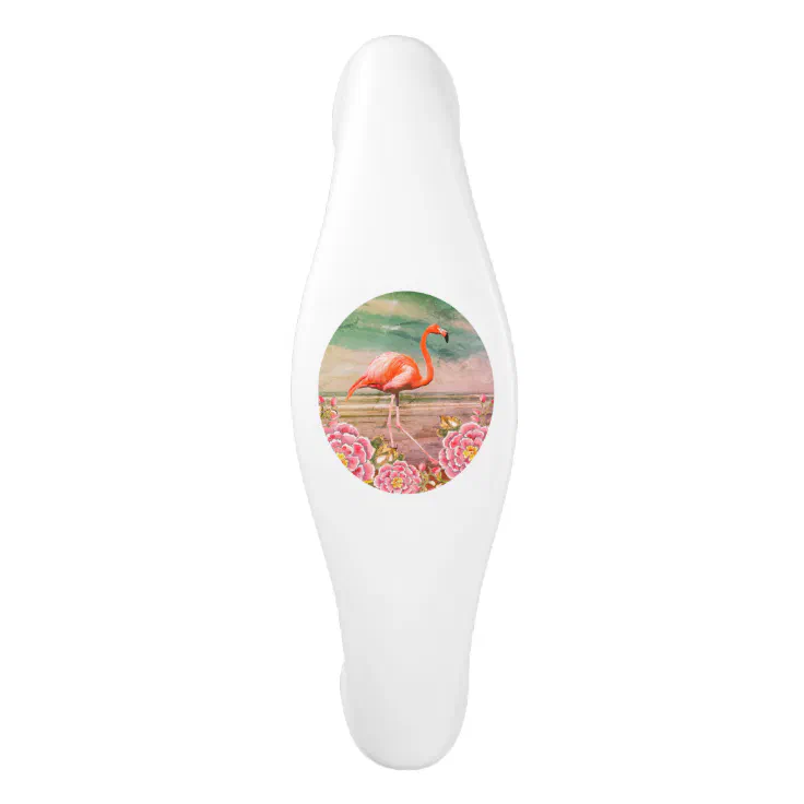 Tropical Flamingo on Beach w/ Pink Flowers Fantasy Ceramic Cabinet Pull ...