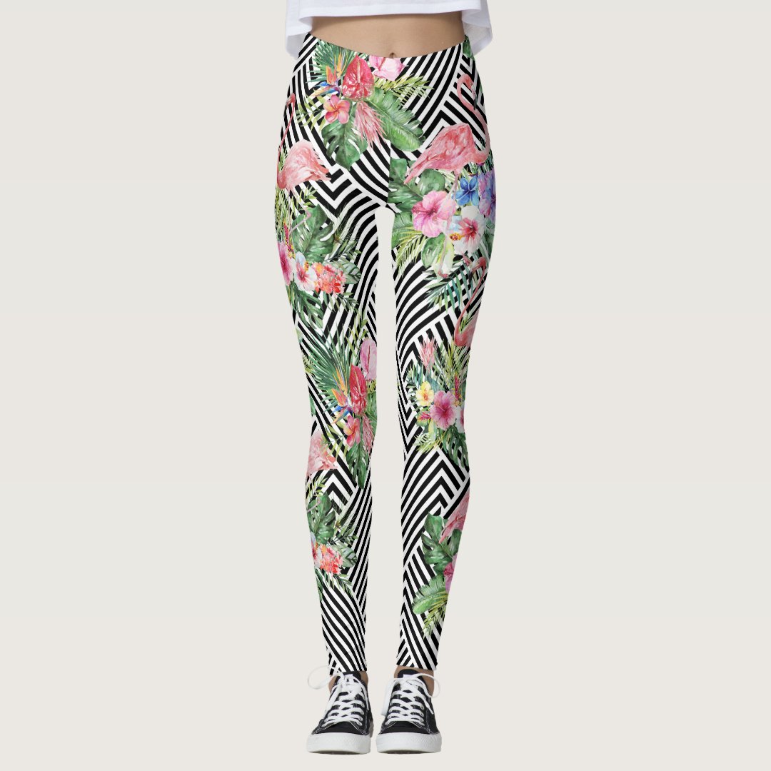 Tropical flamingo on geometric pattern leggings | Zazzle