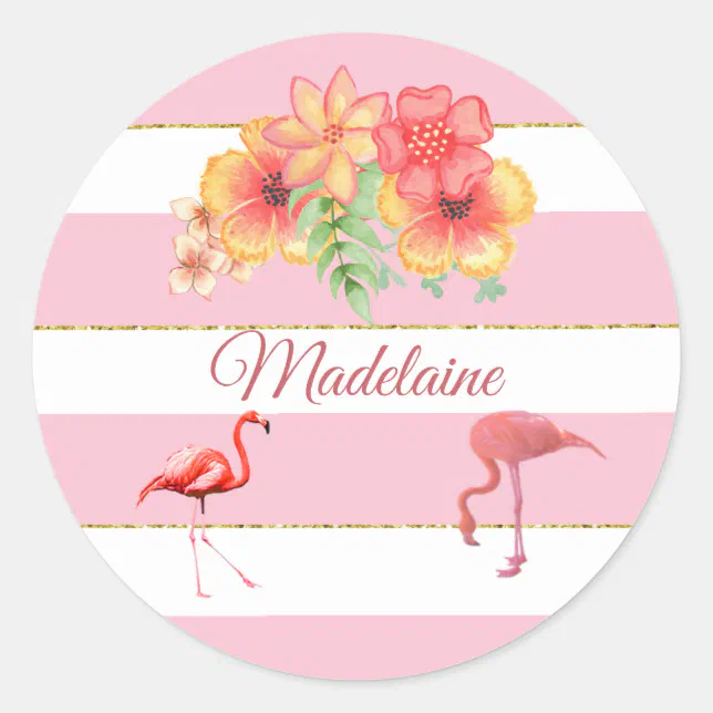 Tropical Flamingo Pink Stripe Floral Personal Classic Round Sticker ...