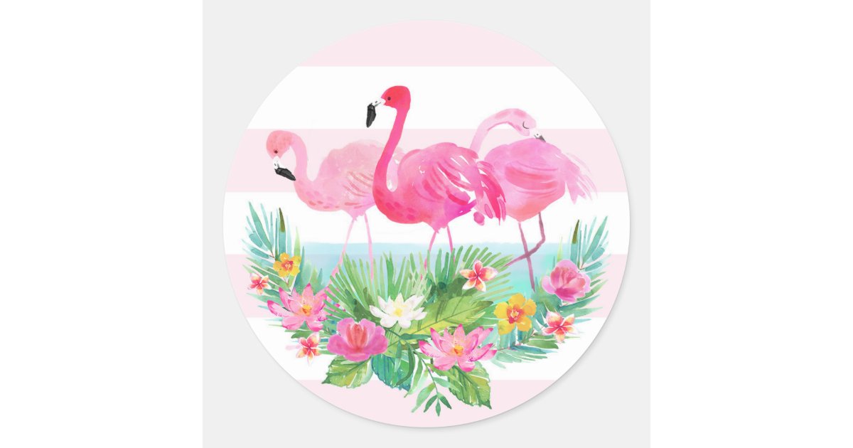 Tropical Flamingo Watercolor Pink Favor Sticker | Zazzle