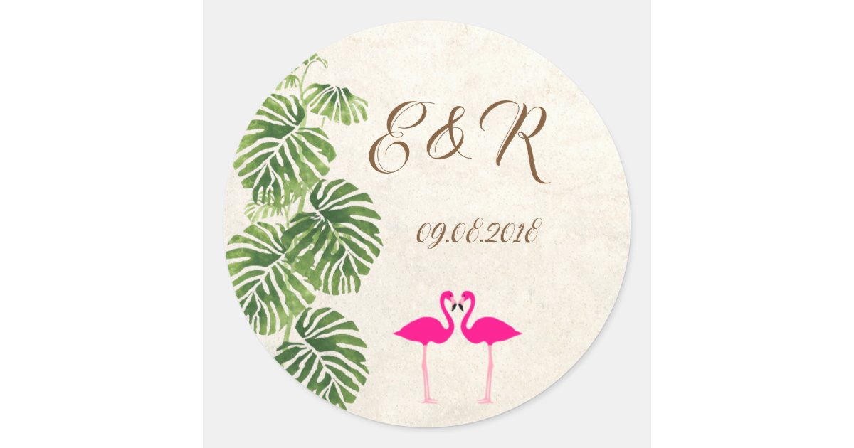 Tropical Flamingos Wedding Classic Round Sticker | Zazzle