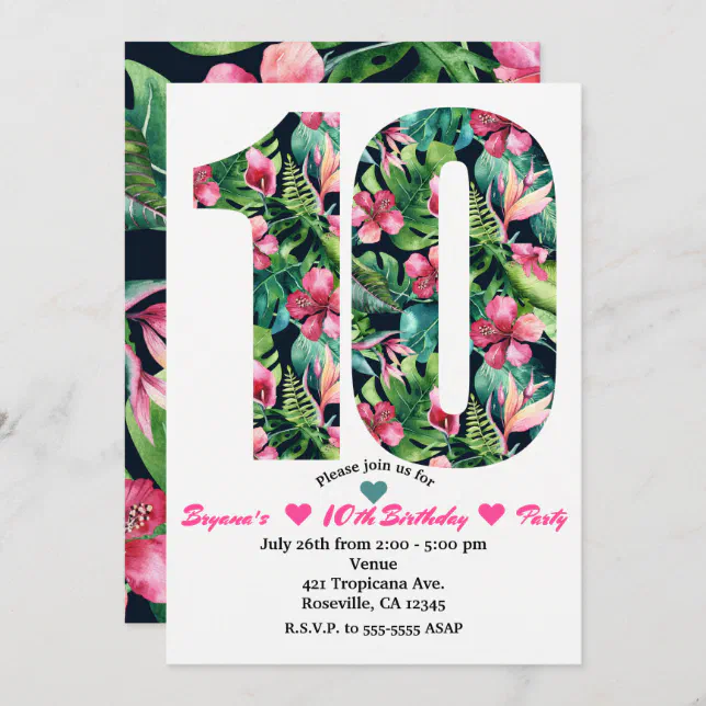 Tropical Floral 10 10th Birthday Party Invitations | Zazzle