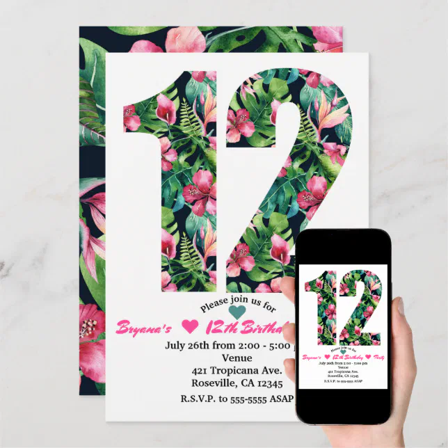 Tropical Floral 12 12th Birthday Party Invitation | Zazzle