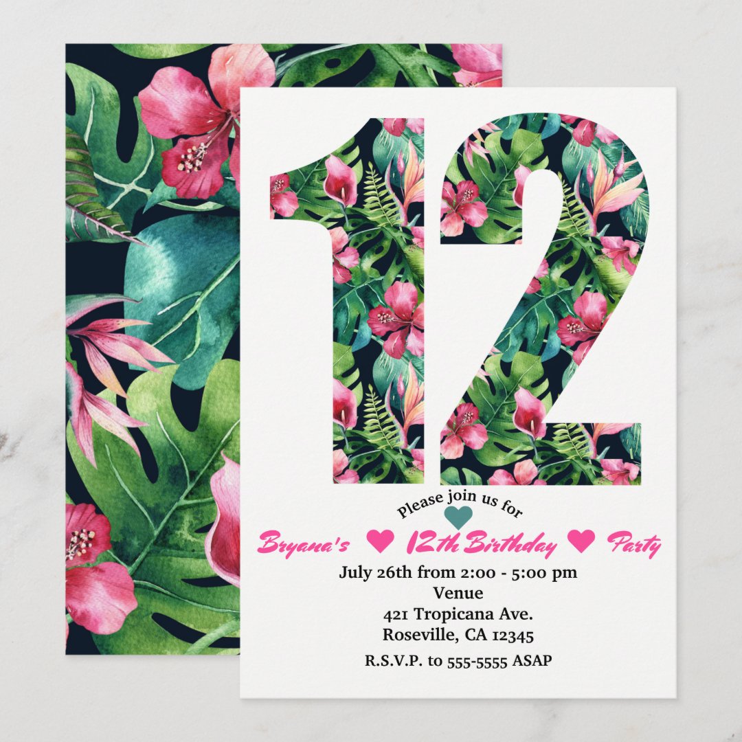 Tropical Floral 12 12th Birthday Party Invitation | Zazzle