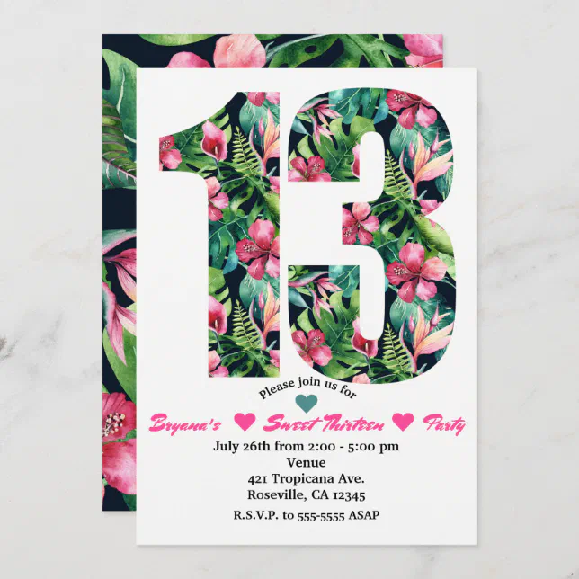 Tropical Floral 13 13th Birthday Party Invitation | Zazzle