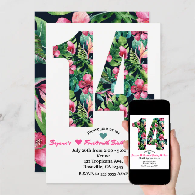 Tropical Floral 14 14th Birthday Party Invitation | Zazzle