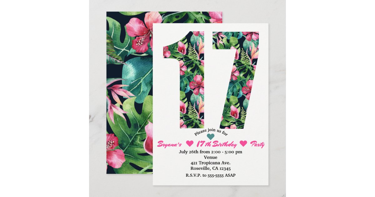 Tropical Floral 17 17th Birthday Party Invitation | Zazzle