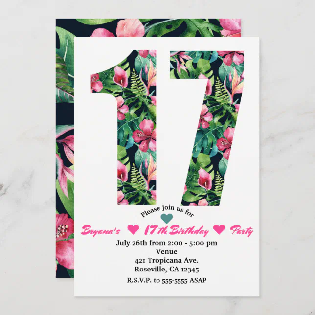 Tropical Floral 17 17th Birthday Party Invitation | Zazzle