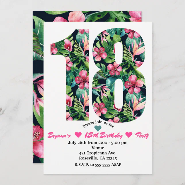 Tropical Floral 18 18th Birthday Party Invitation | Zazzle