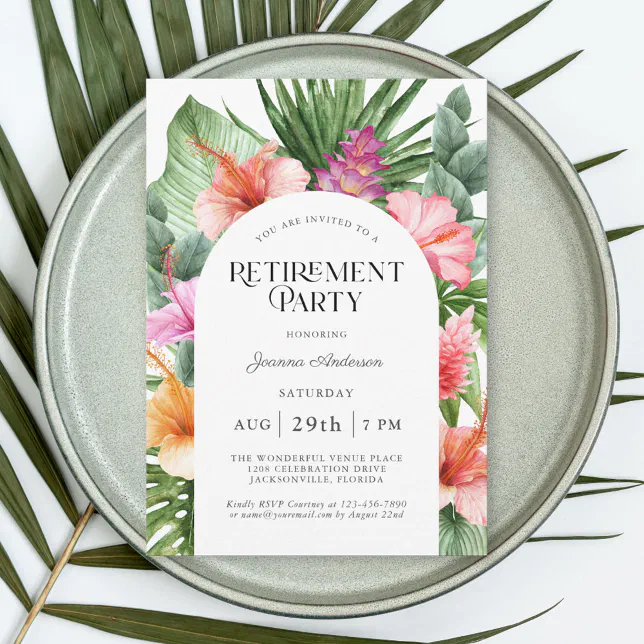 Tropical Floral Arch Frame Retirement Party Invitation | Zazzle