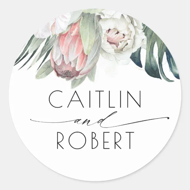 Tropical Floral Beach Wedding Classic Round Sticker | Zazzle