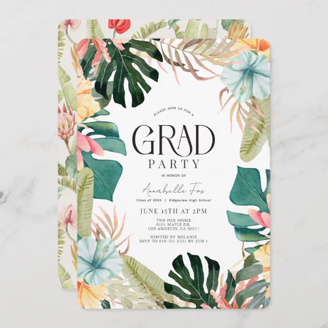 Tropical Floral & Botanical Plants Graduation Invitation | Zazzle