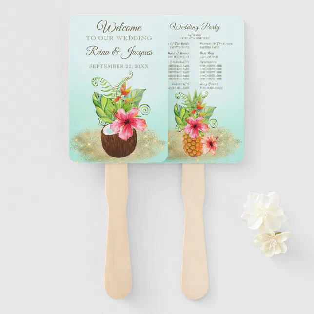 Tropical Floral Coconut Pineapple Wedding Party Hand Fan | Zazzle