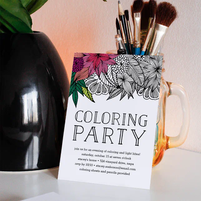 Tropical Floral Coloring Party Invitation | Zazzle