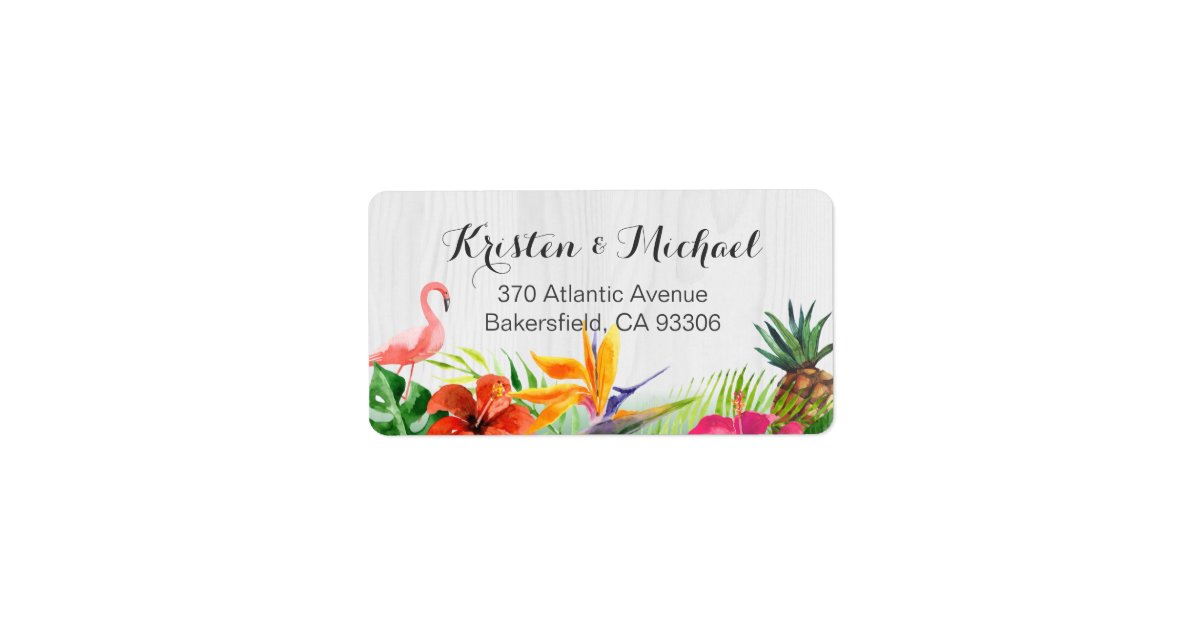 Tropical Floral Flamingo Pineapple Rustic Wood Label | Zazzle