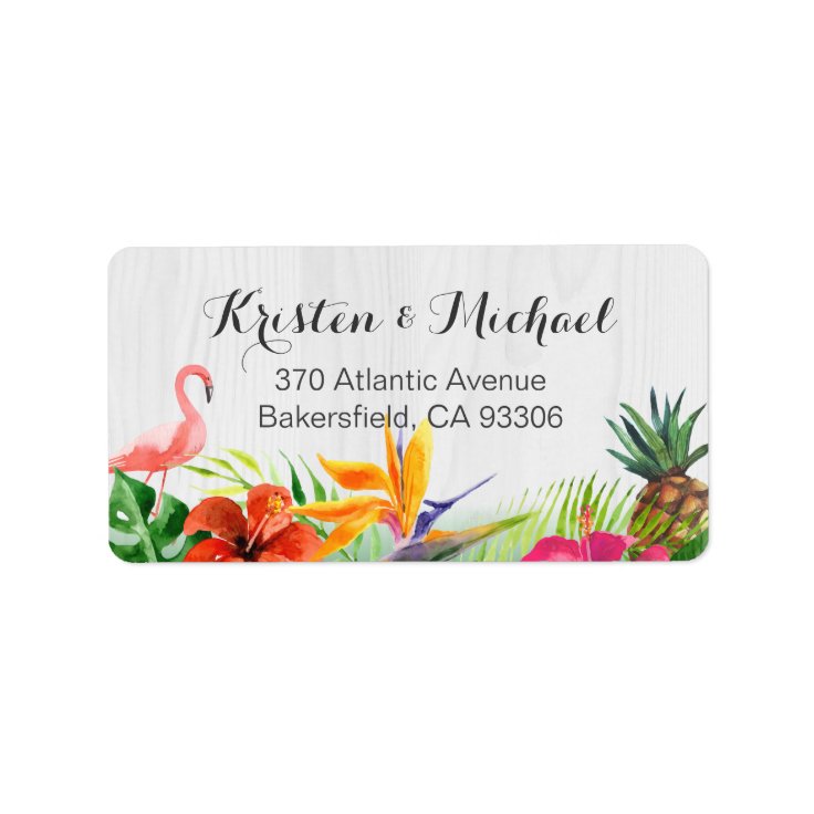 Tropical Floral Flamingo Pineapple Rustic Wood Label | Zazzle
