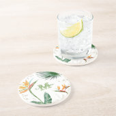 Tropical Floral Foliage Monogram Script White Gold Coaster | Zazzle