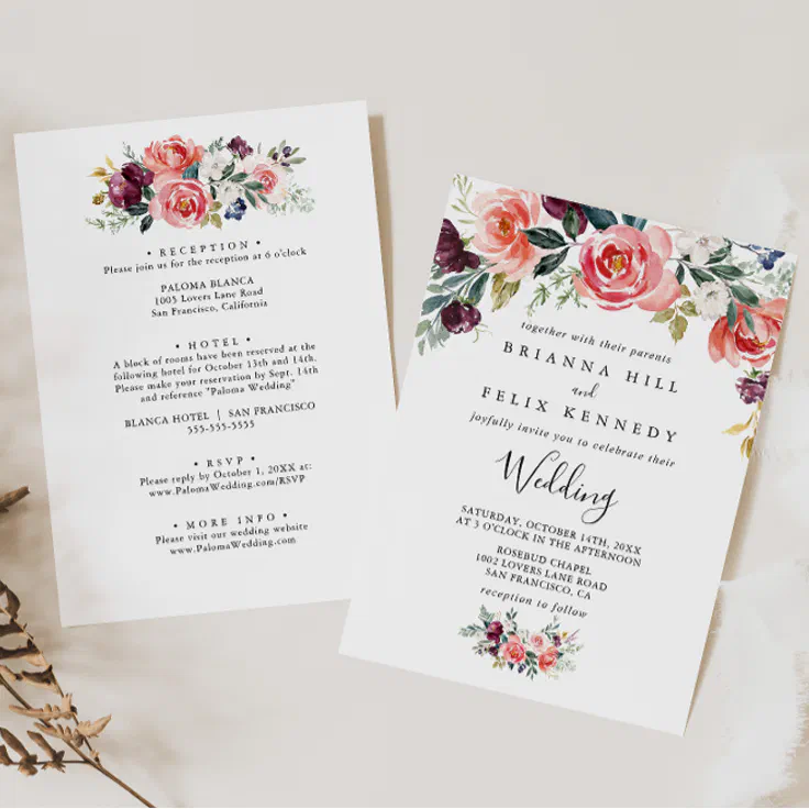 Tropical Floral Front & Back Wedding Invitation | Zazzle
