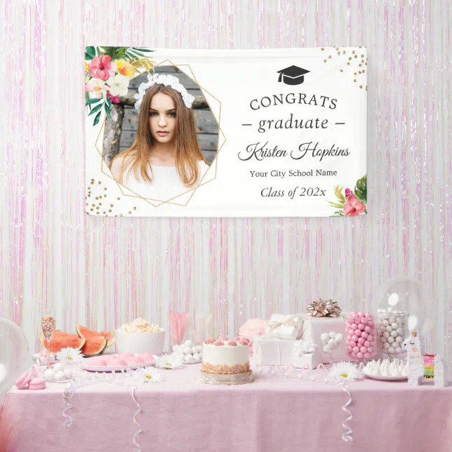 Tropical Floral Geometric Photo Graduation Party Banner | Zazzle